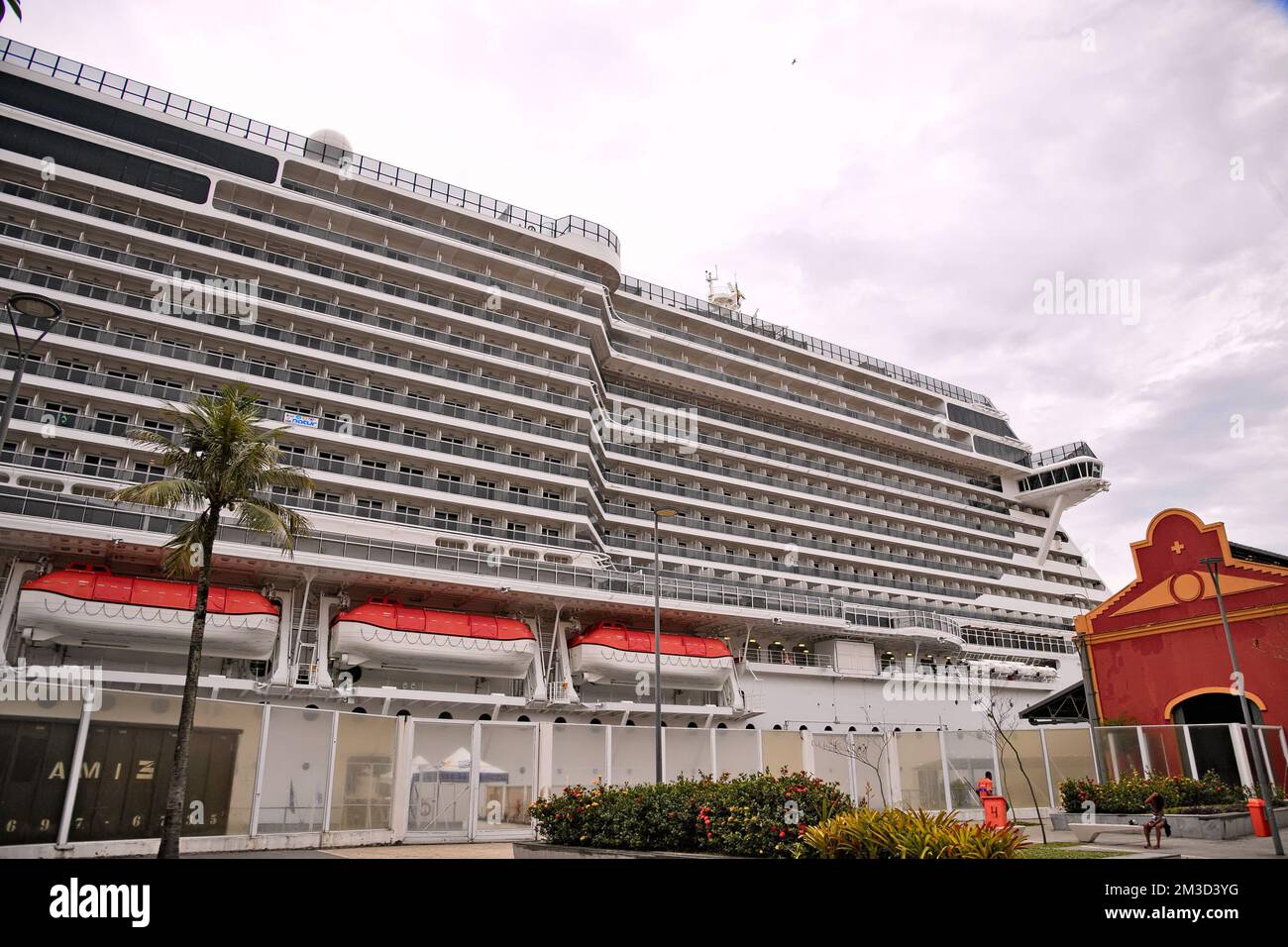 Luxury ship (cruise) docked at a pier in Brazil. International tourism ...