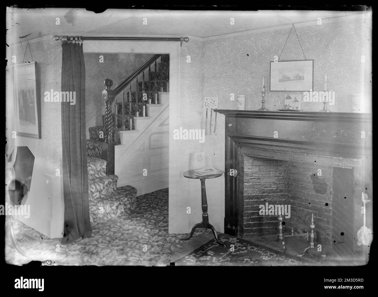 Interior of home showing staircase and fireplace , Buildings. Hingham ...