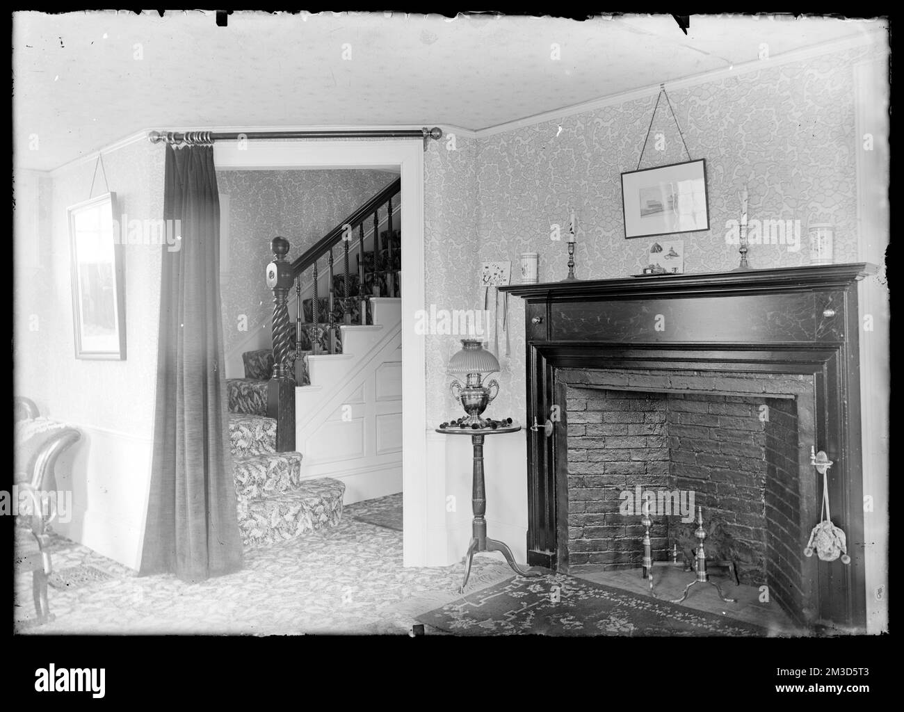 Interior of home showing staircase and fireplace , Buildings. Hingham ...