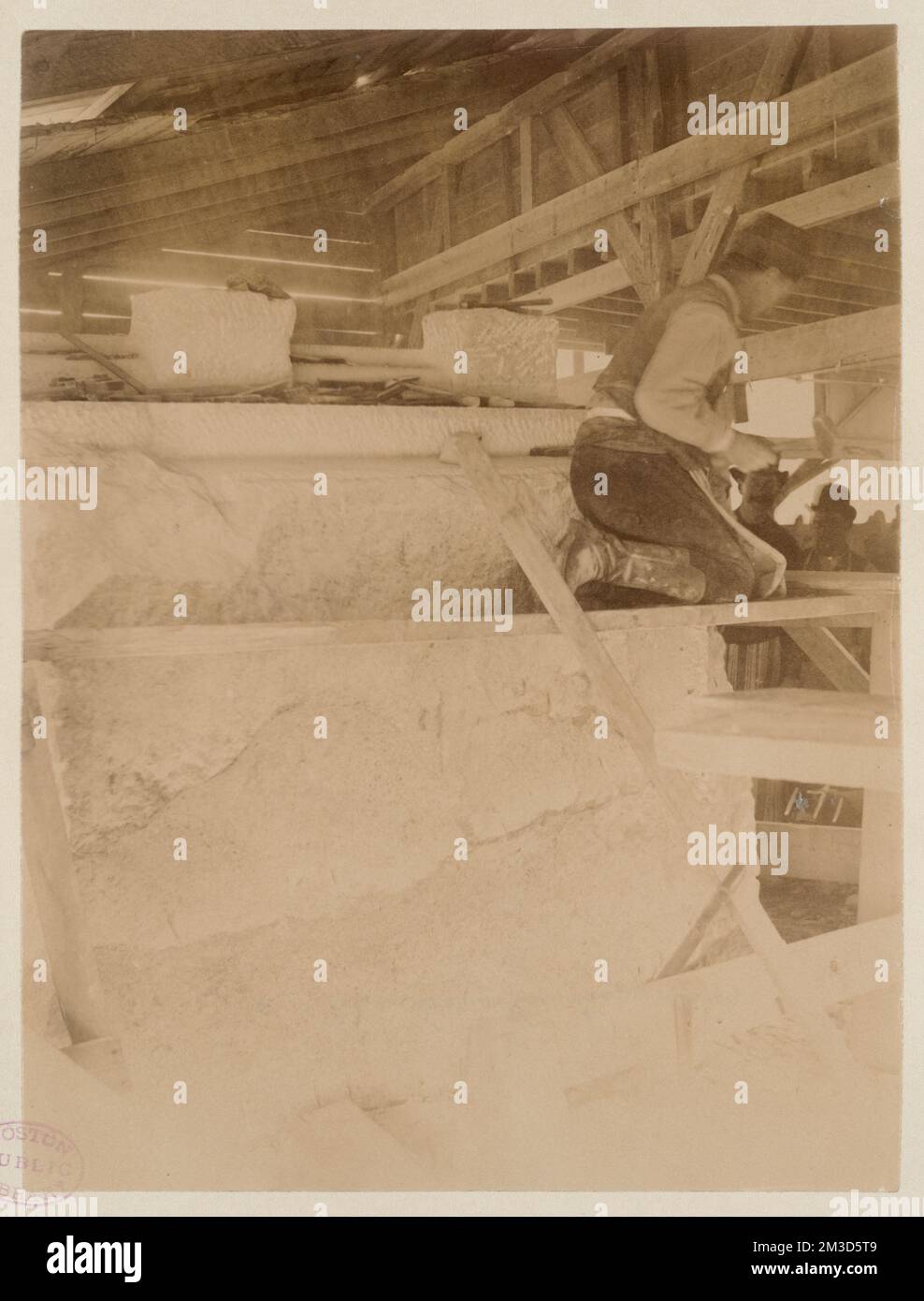 Interior of cutting shed at Quarry, construction of the McKim Building ...