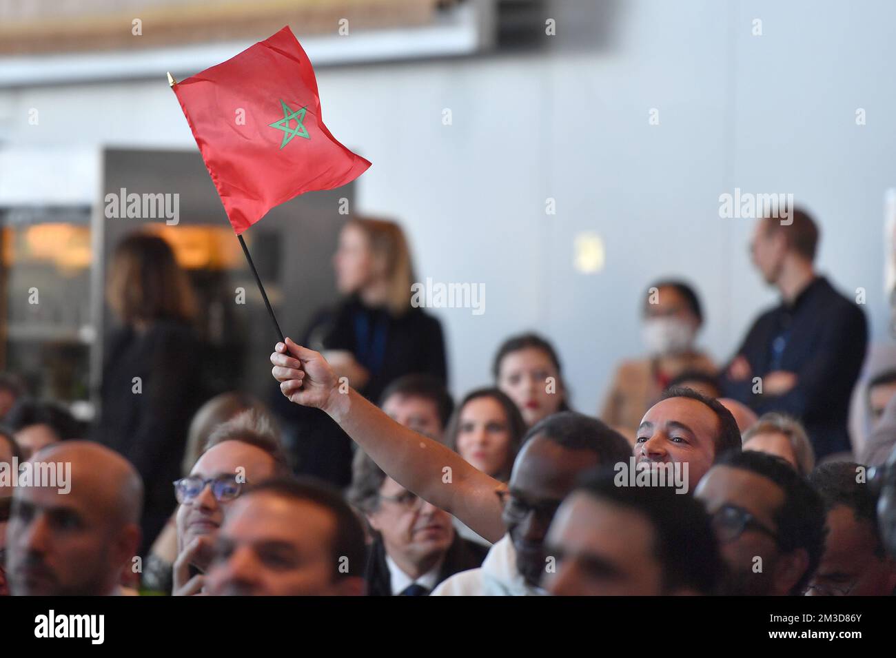New York, USA. 14th Dec, 2022. A soccer fan waves the Moroccan flag ...