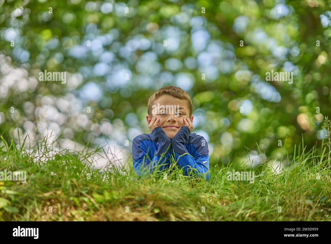 A portrait of a young happy boy in a green park, in deep thought Stock ...