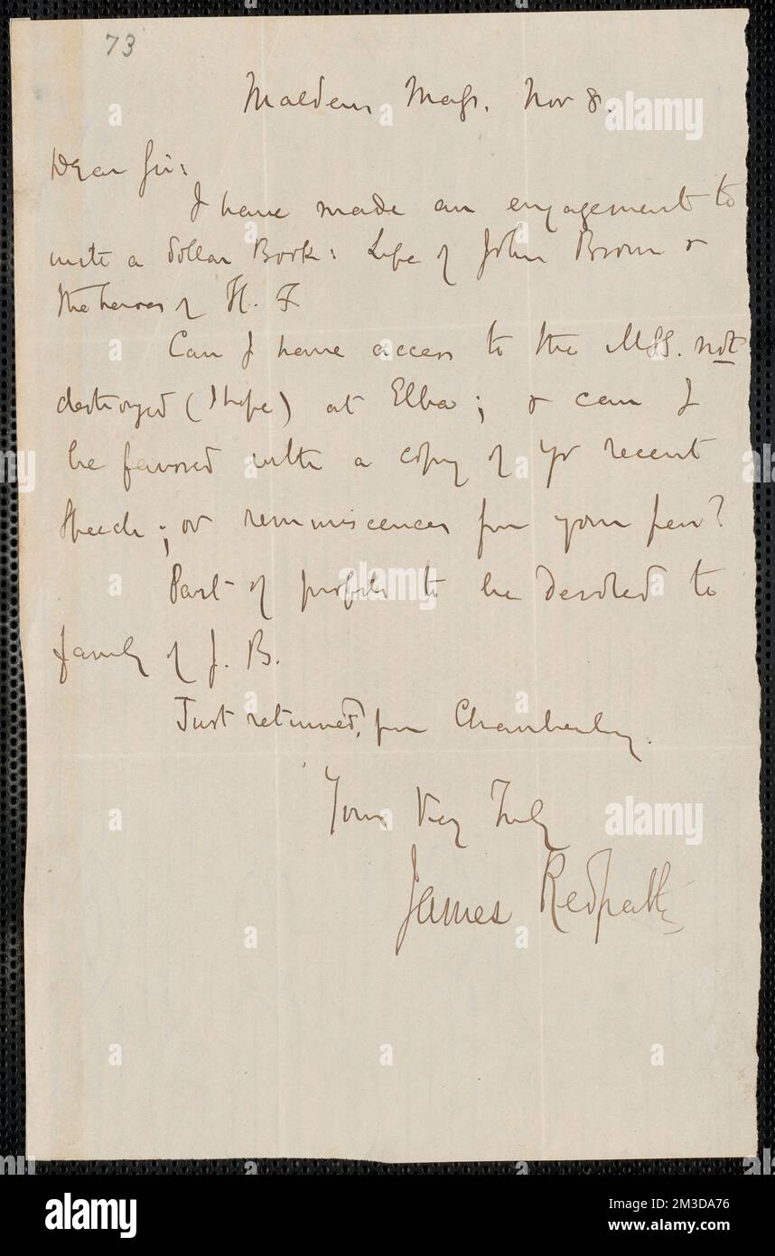 James Redpath autograph letter signed to [Thomas Wentworth Higginson ...