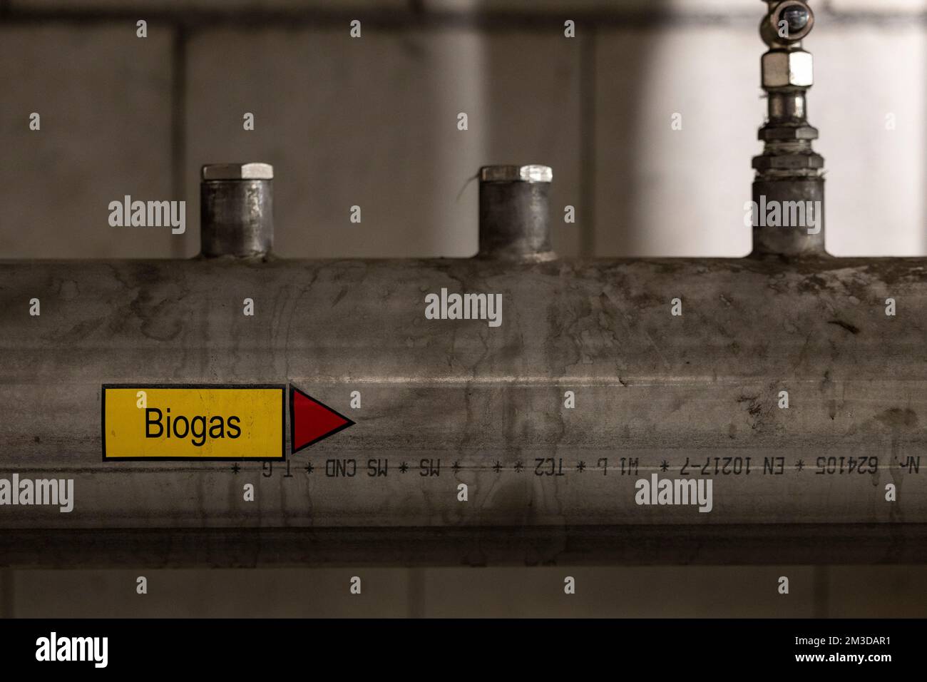 PRODUCTION - 13 December 2022, Hessen, Frankfurt/Main: A pipe labeled ...