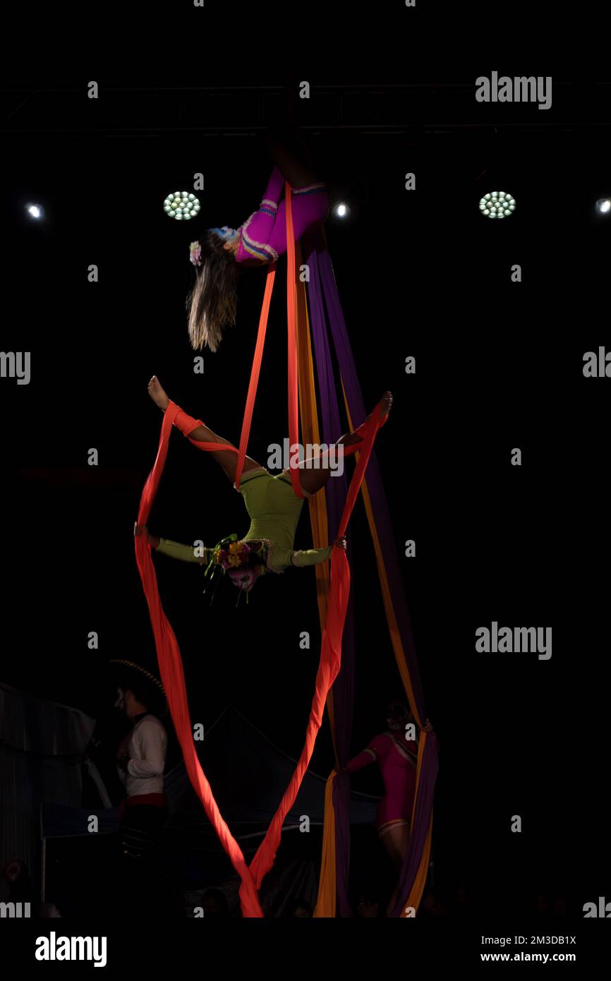 Professional aerialist circus performer on red bright aerial silks ...