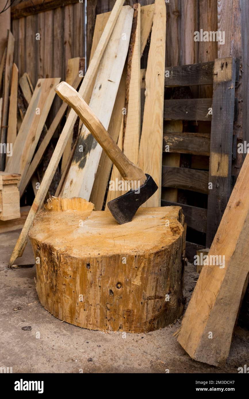 An axe, surrounded by many kinds of logs, resting on a chopping block ...