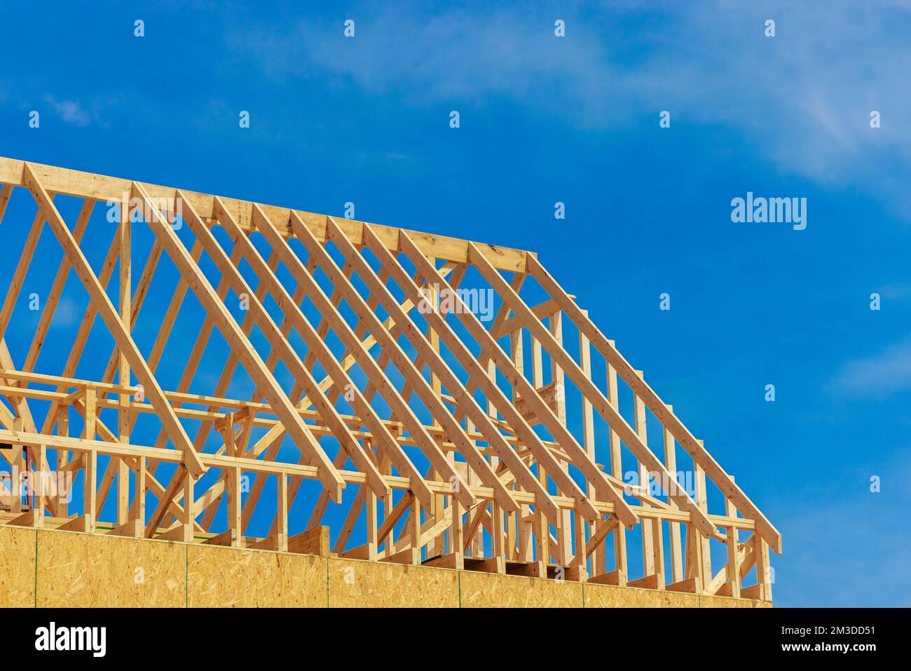 New unfinished residential construction home frame is being constructed ...