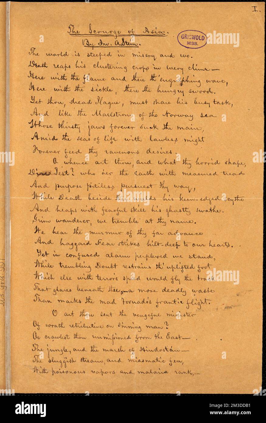 John Andrew Stein manuscript poem: 'The Scourge of Asia.' , American ...