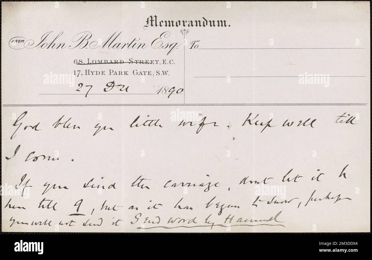 [John Biddulph Martin] autograph note to [Victoria Woodhull Martin ...