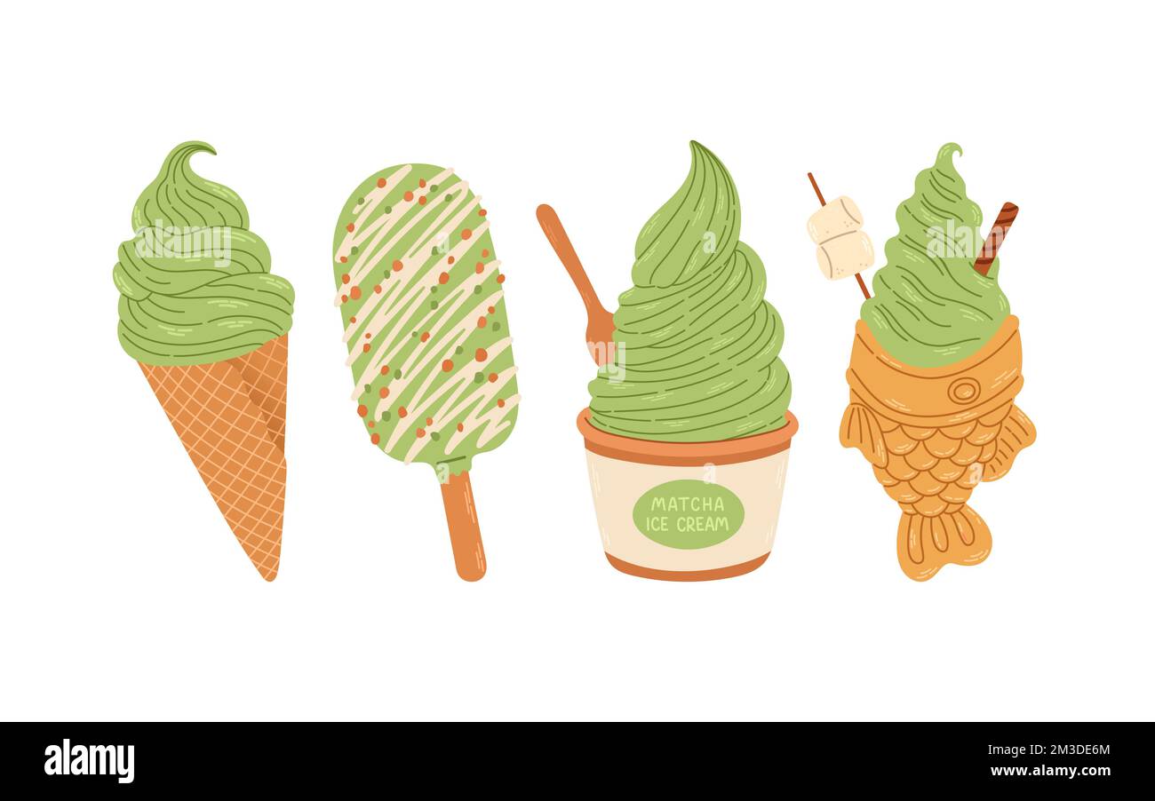 Matcha ice cream set isolated vector for stickers, postcards, notebook ...
