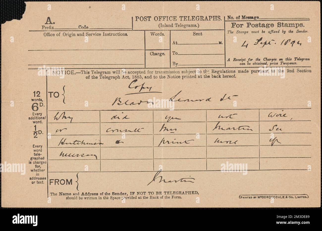 [John Biddulph] Martin telegram, September 4, 1894 , Feminists, United ...