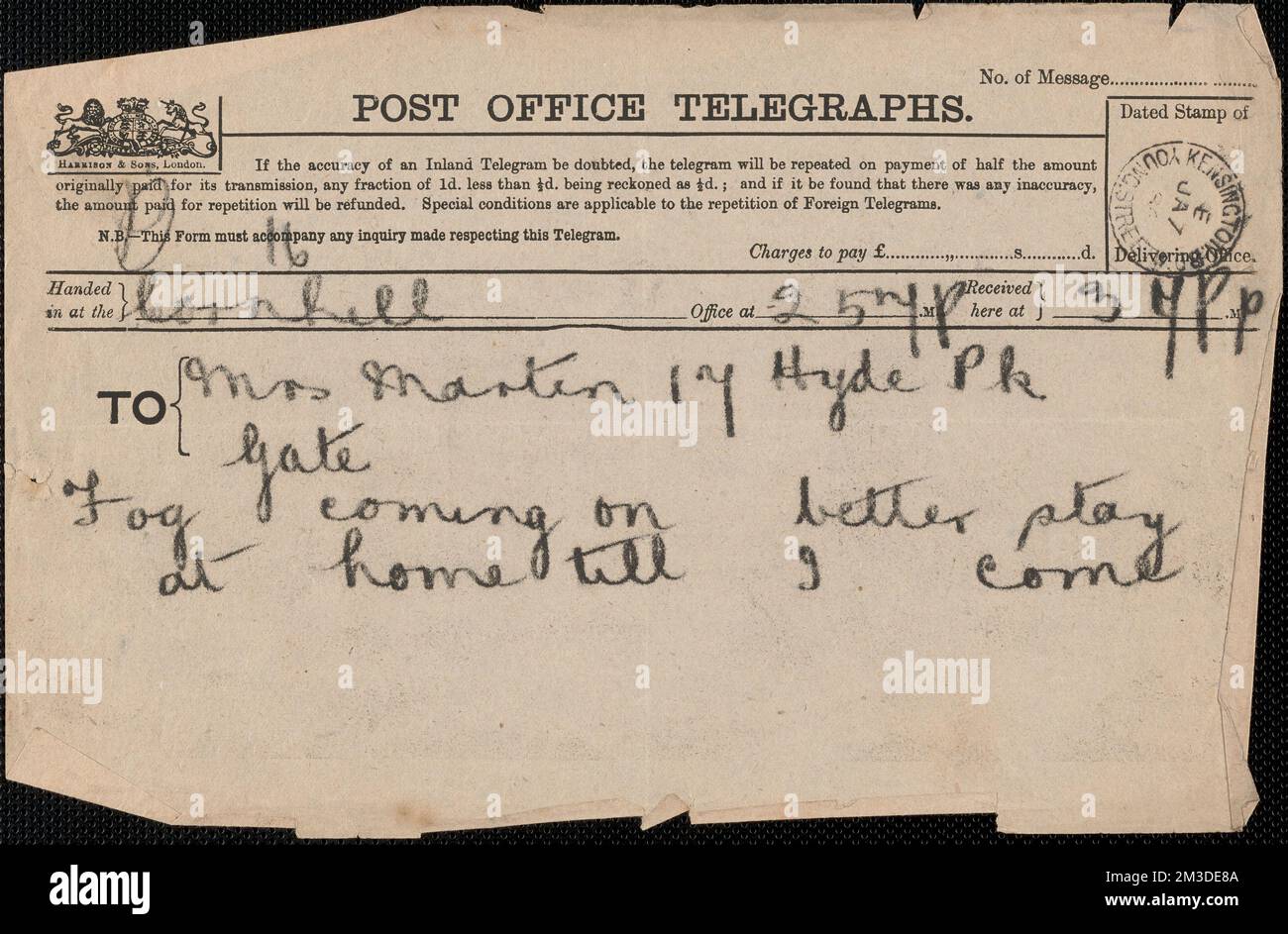 [John Biddulph Martin] telegram to [Victoria Woodhull Martin, London ...