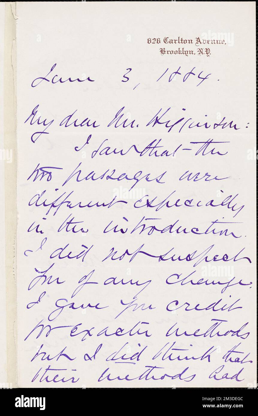 John Chadwick autograph letter signed to Thomas Wentworth Higginson ...