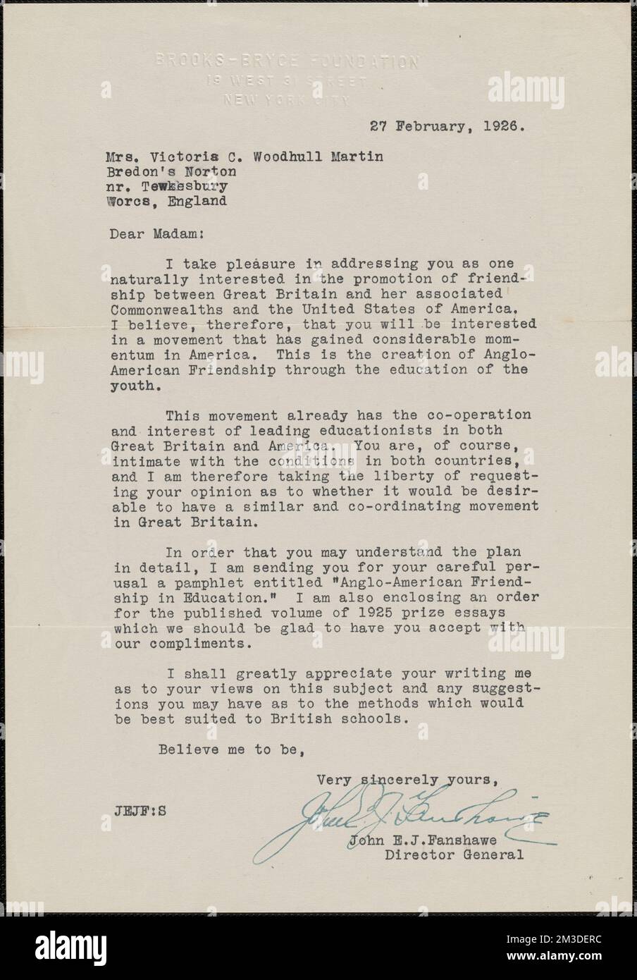 John E. J. Fanshawe typed letter signed to Victoria Woodhull Martin ...