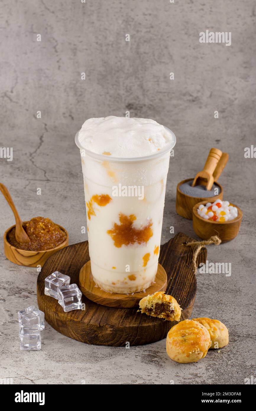 Boba or tapioca pearls is taiwan bubble milk tea in plastic cup with ...