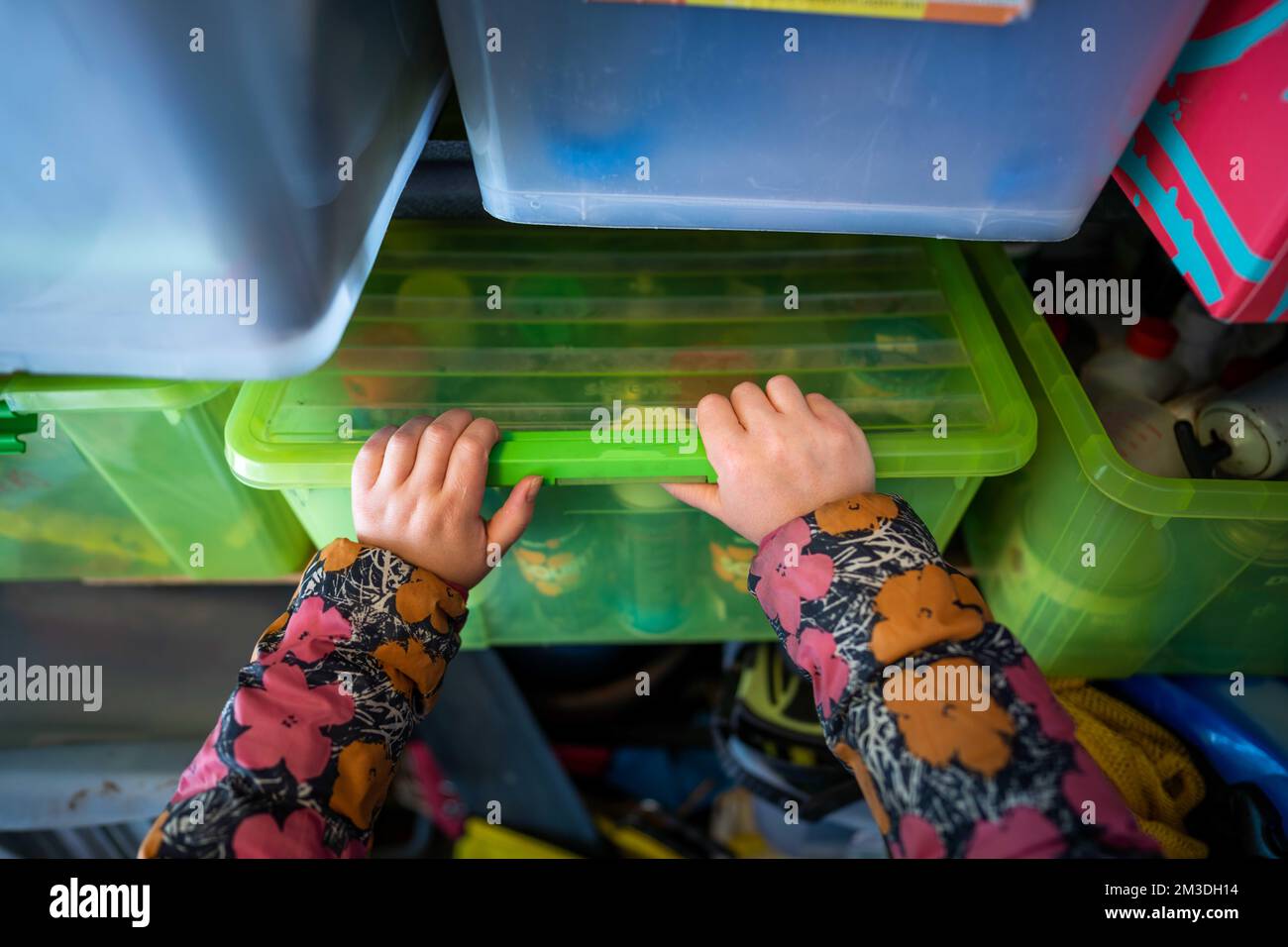 gril packing up a shed in storage containers. woman packing for camping ...