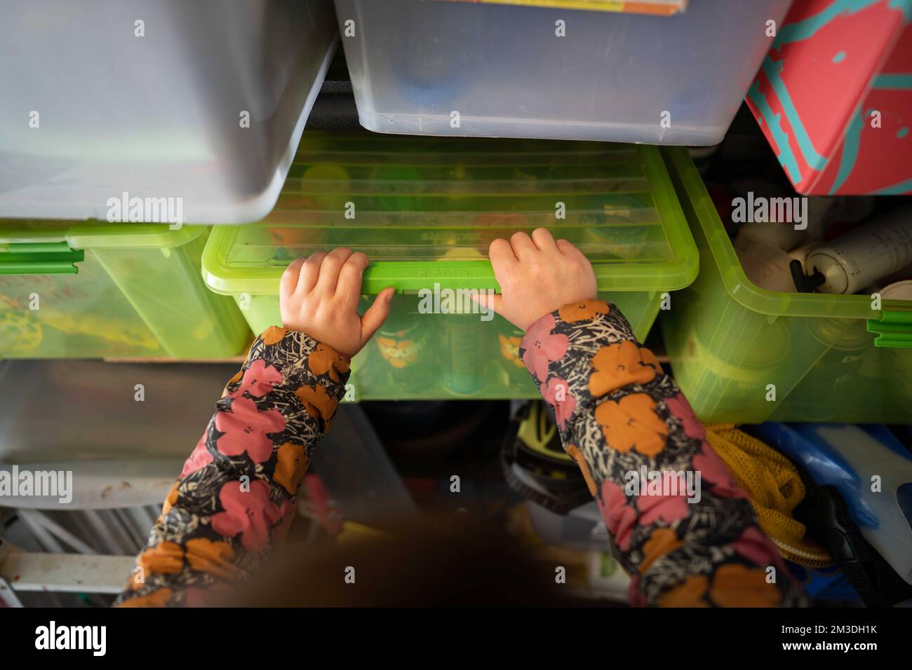 gril packing up a shed in storage containers. woman packing for camping ...
