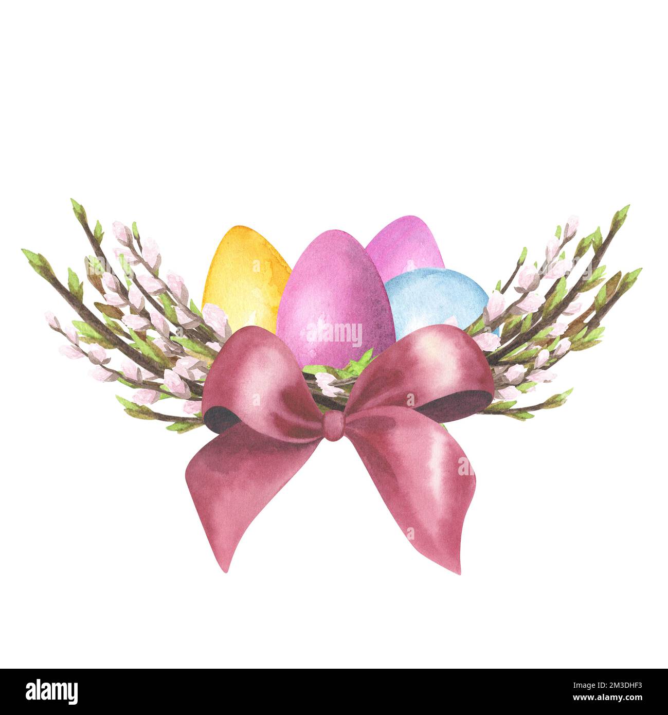 Willow pussy nest watercolor with spring twigs, colored eggs, red bow ...