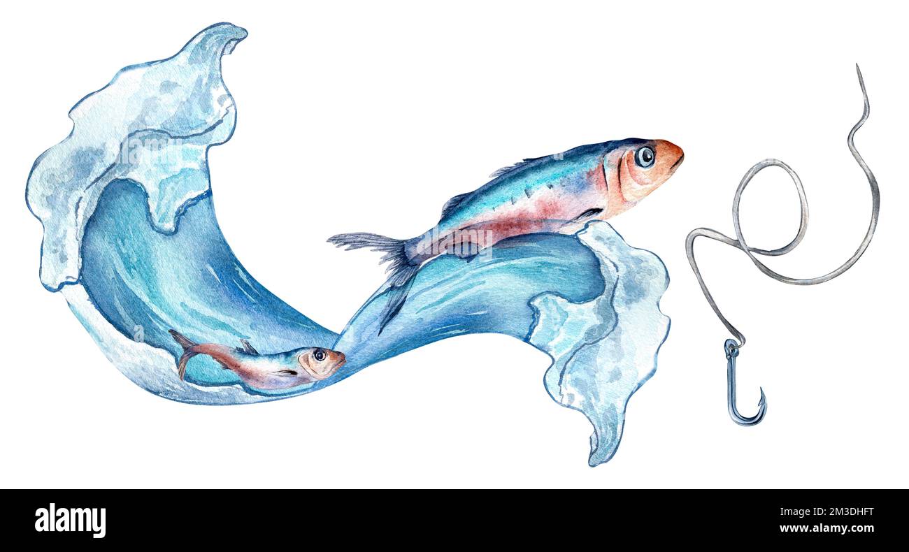 Banner of sardines and sea wave watercolor illustration isolated on ...