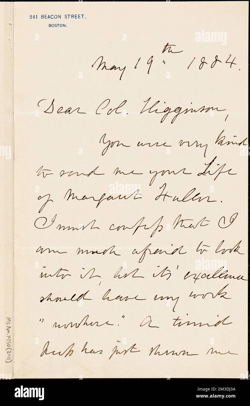 Julia Ward Howe autograph letter signed to Thomas Wentworth Higginson ...