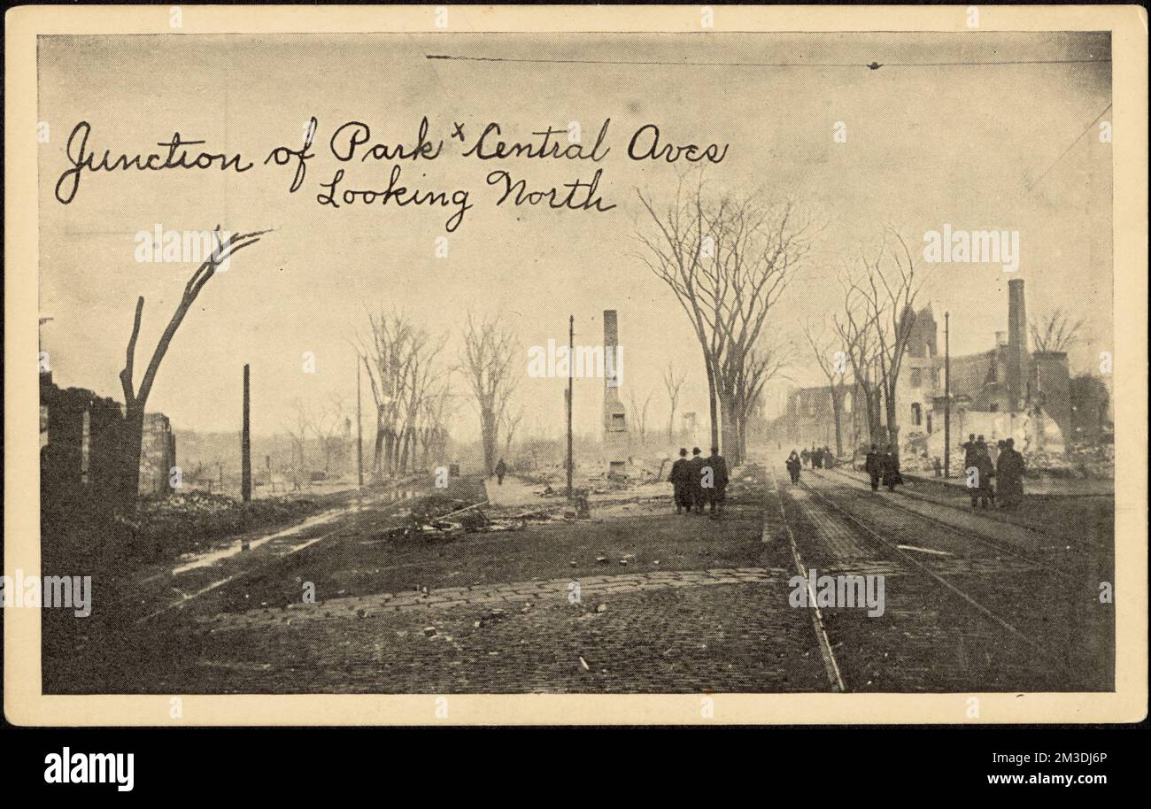 Junction of Park + Central Aves, looking north , Fires, Ruins, Streets ...