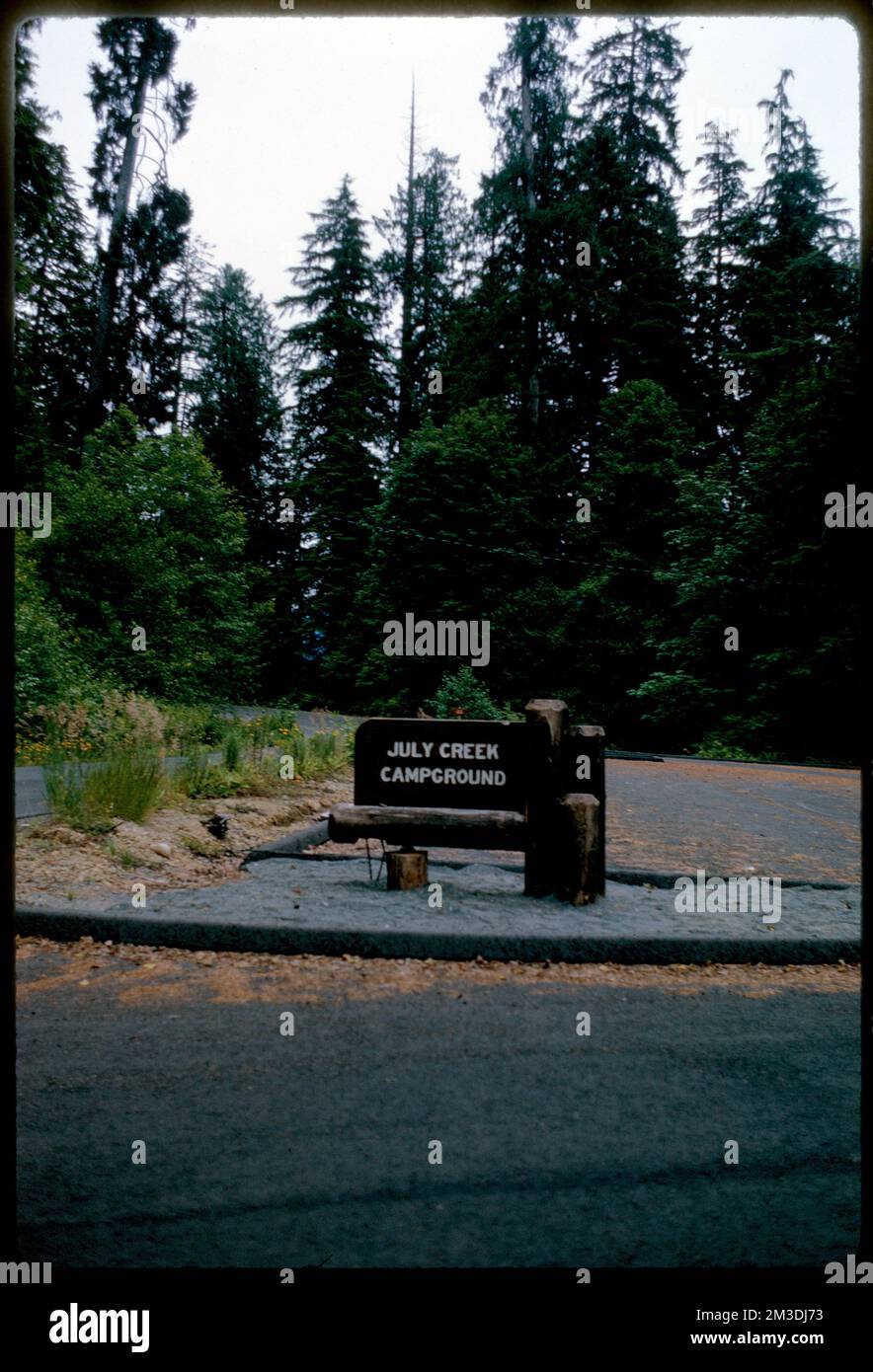 July Creek Campground sign in front of trees, Amanda Park, Washington ...