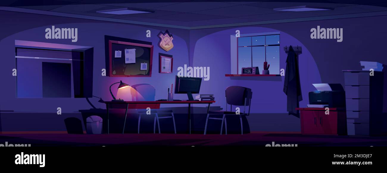 Police department office interior at night. Empty dark room in police ...