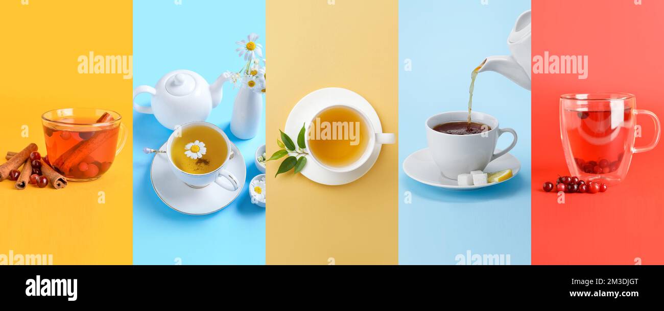Collage of tasty hot tea on color background Stock Photo - Alamy