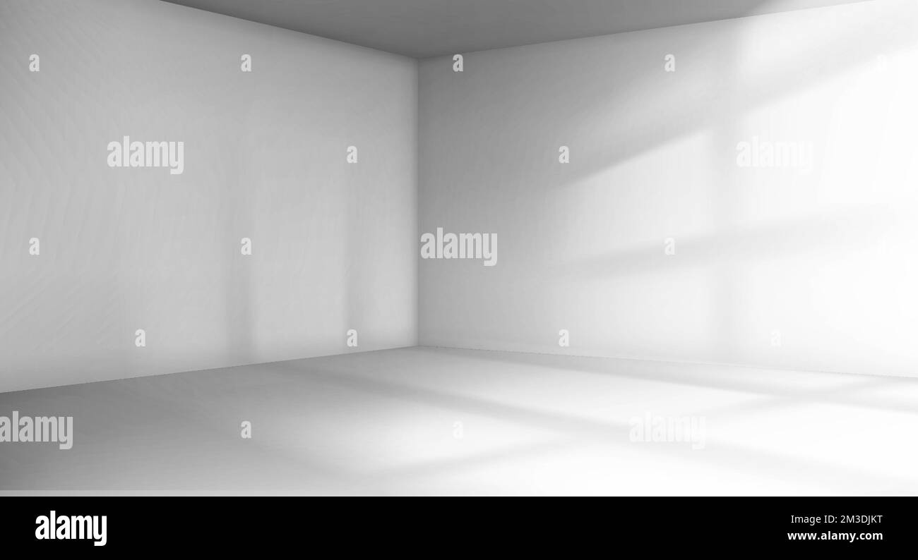Room corner with sunlight shadow from window. Empty interior with white ...