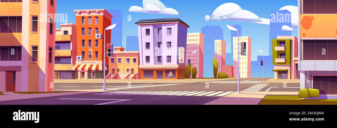 City street with car road intersection, houses and buildings. Summer ...