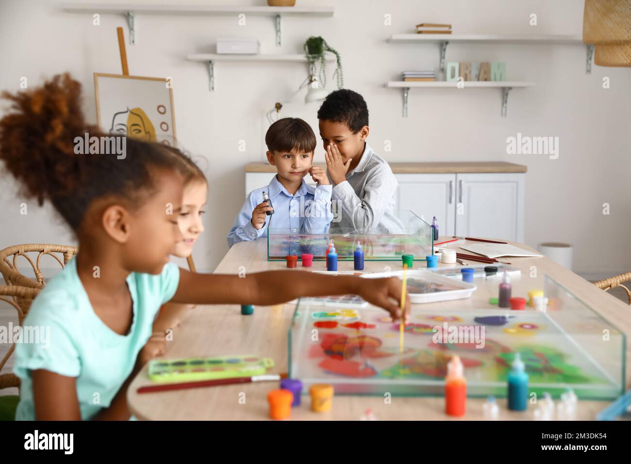 Little children during master class in Ebru painting at workshop Stock ...