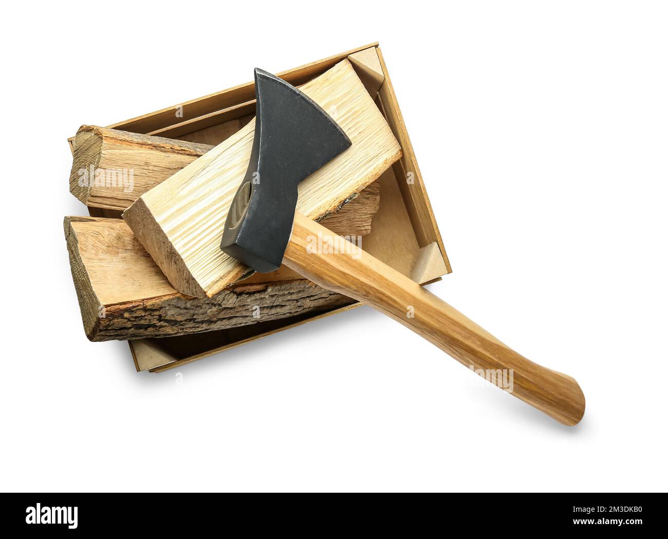 Box with firewood and ax on white background Stock Photo - Alamy