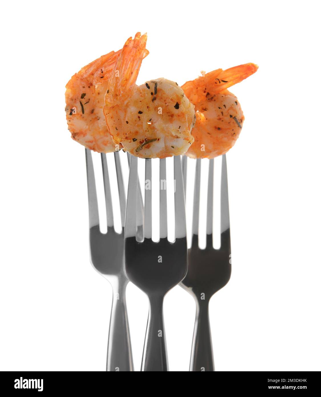 Forks with tasty shrimp tails isolated on white background Stock Photo ...