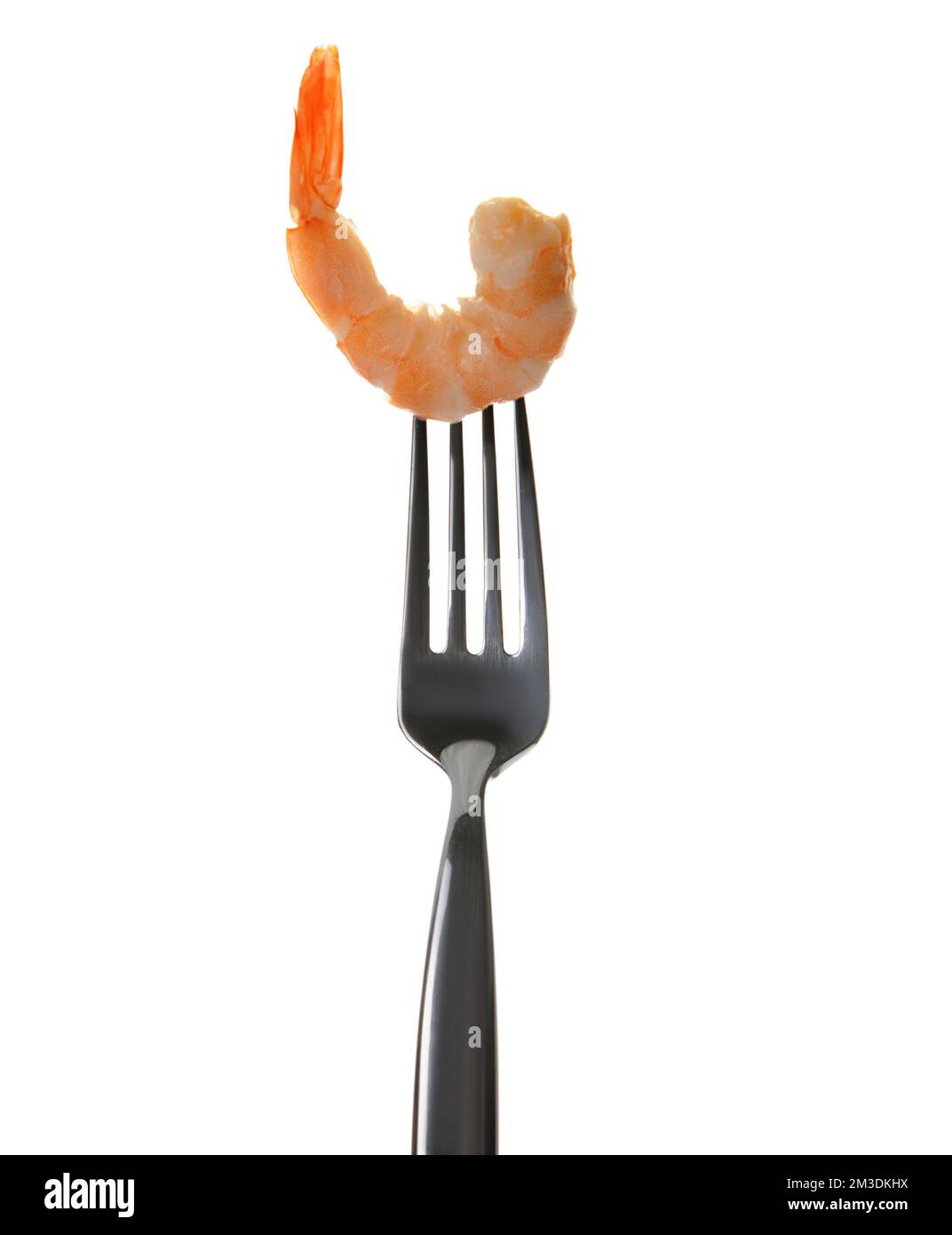Fork with tasty boiled shrimp tail isolated on white background Stock ...