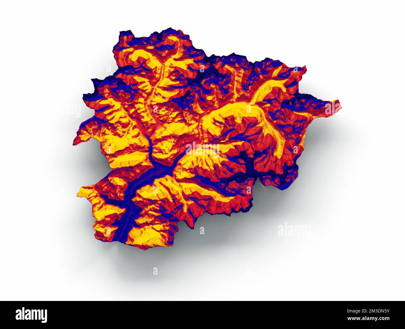A 3D rendering of Andorra relief map with the flag colors on a white ...