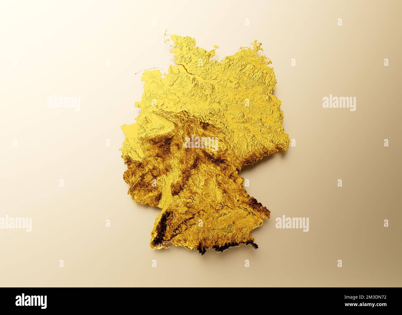 A 3D rendering of golden Germany relief map isolated on a white ...