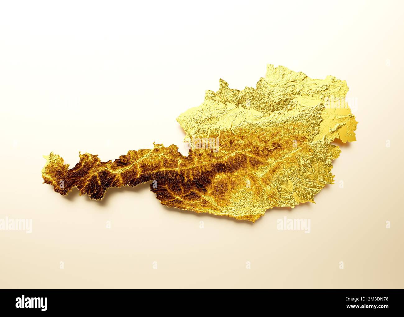 A 3D rendering of golden Austria relief map isolated on a white ...