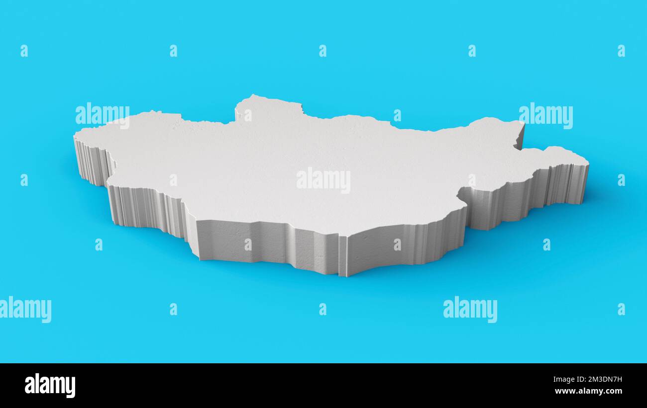 A 3D rendering of white Mongolia map isolated on a blue background ...