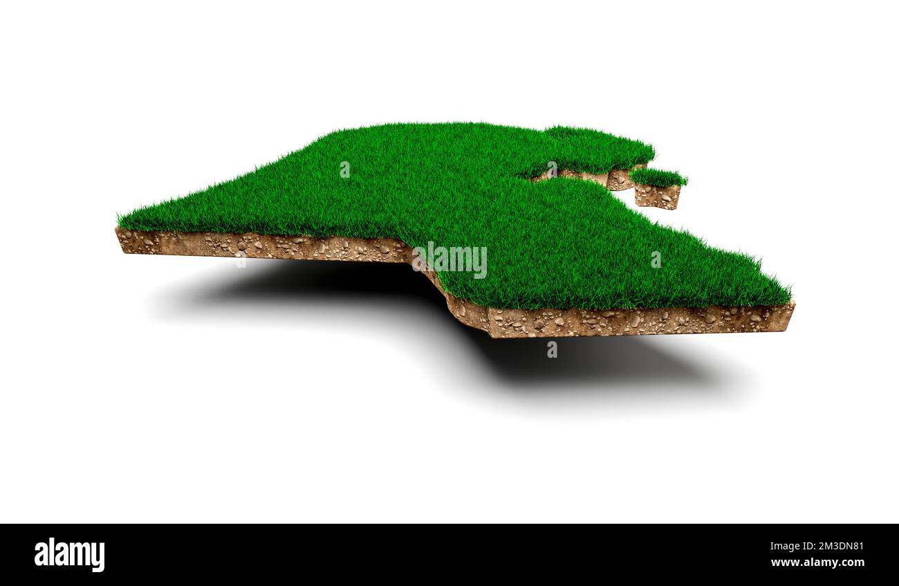 A 3D rendering of Kuwait map with green grass isolated on a white ...