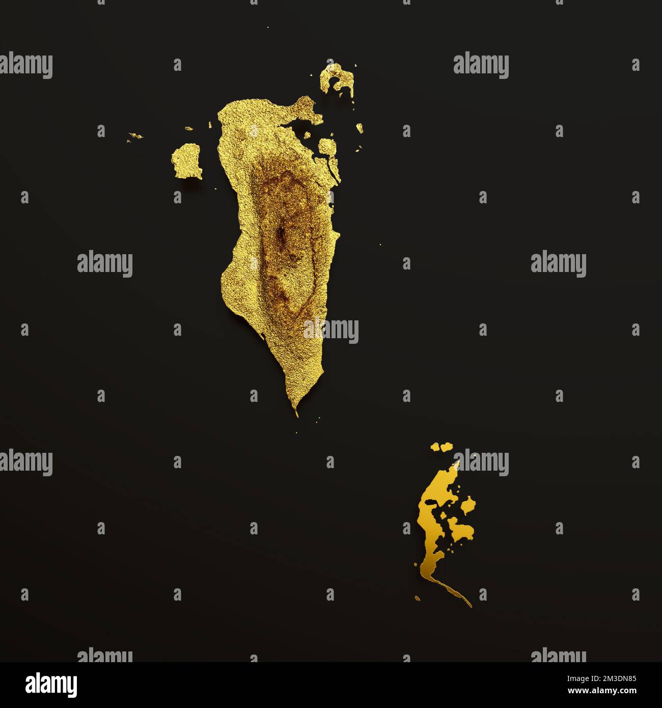 A 3D rendering of golden Bahrain relief map isolated on a dark ...