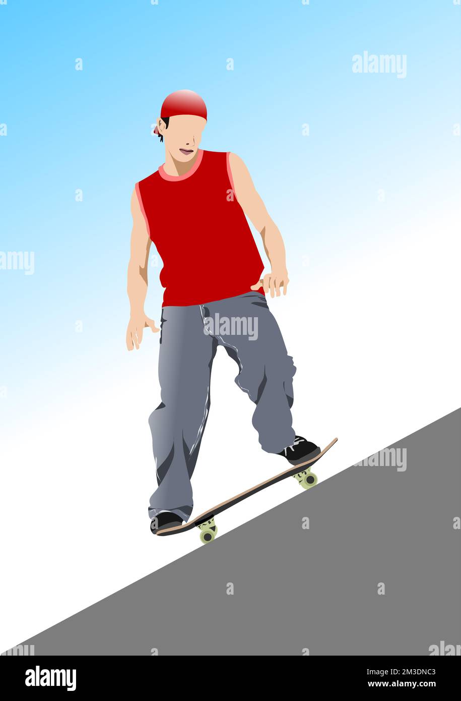 Skater male rides on skateboard at skate park ramp. 3d vector color ...