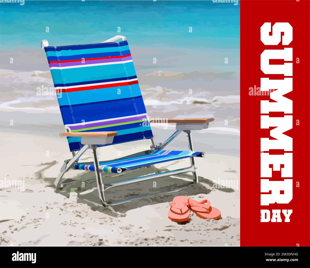 Tropical still life. Dawn on the sandy coast with lounger on the beach ...