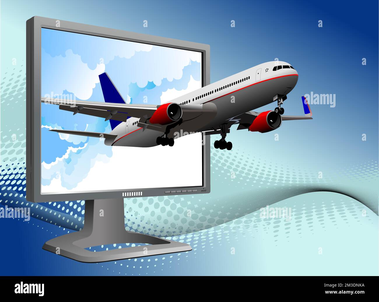 Abstract illustration with plane and desktop screen. Vector 3d for ...