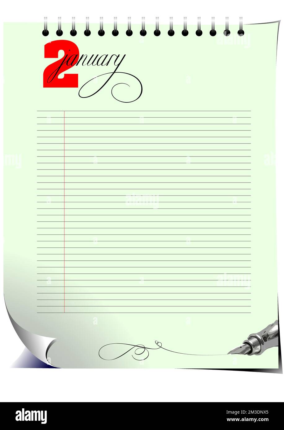 Calendar page with pen image. 2 January. Color vector illustration ...