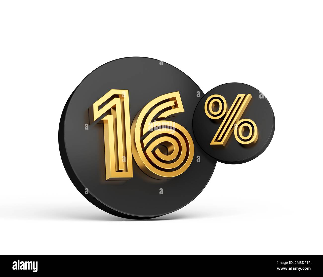 A 3D rendering of golden 16 percent in black circle isolated in white ...