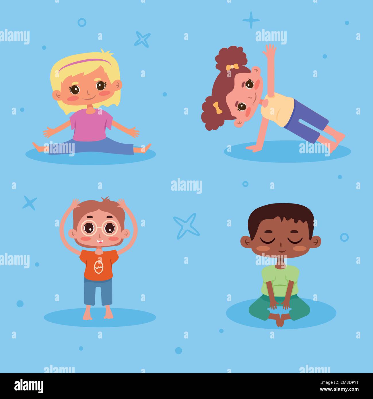 four little kids practicing yoga characters Stock Vector Image & Art ...