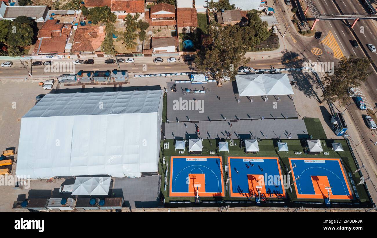 An aerial view of a padel court in a park in Rio de Janeiro, Brazil ...