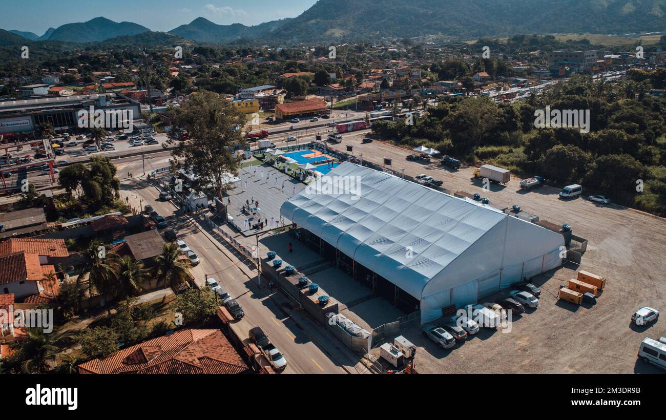 An aerial view of a padel court in a park in Rio de Janeiro, Brazil ...