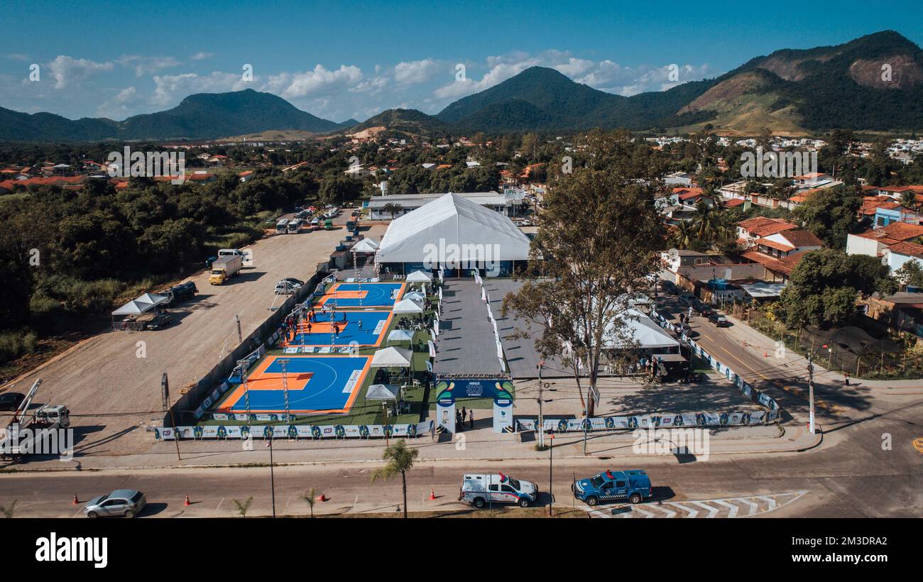 An aerial view of a padel court in a park in Rio de Janeiro, Brazil ...