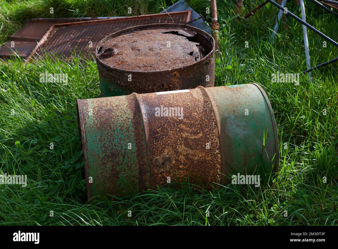 The two rusty barrels on green grass - ecology concept Stock Photo - Alamy